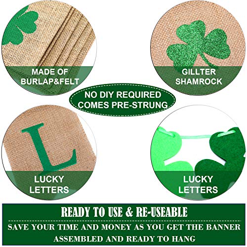 4 Pieces Burlap Lucky Banner Glitter Shamrock Banner Rustic Four Leaf Clover Banner Felt Shamrock Hanging Garland for St. Patrick's Day Decoration