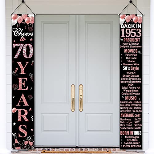 70th Birthday Door Banner Decorations for Women, Rose Gold Happy 70 Birthday Back in 1953 Porch Sign Party Supplies, 70 Years Old Birthday Decor for Outdoor Indoor