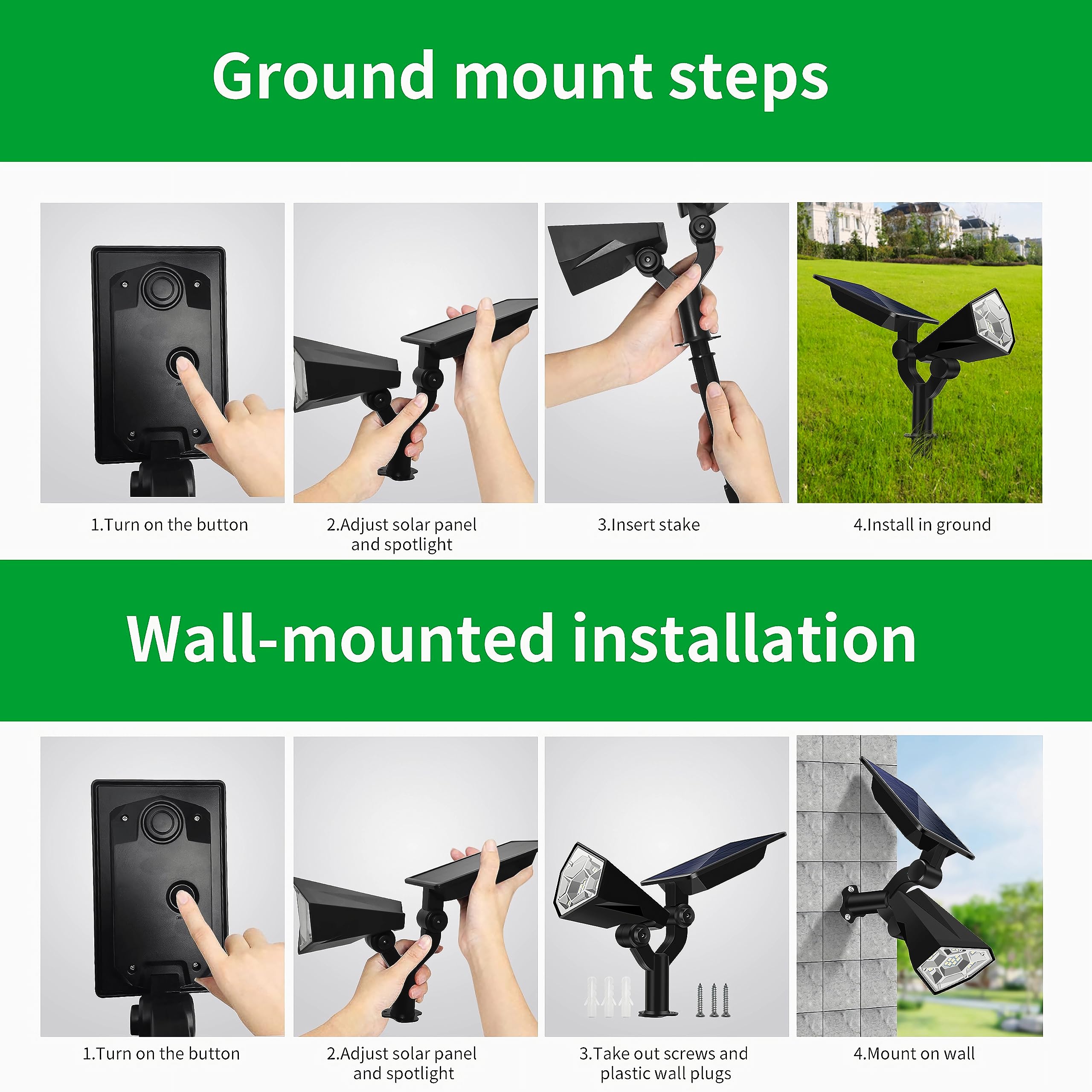 Outdoor Solar Lights - Solar Spotlight - Solar Lighting for Garden, Patio and Lawn - Wall or Pole Mount - Easy Installation - Waterproof - Adjustable, [4] Light Modes - Pack 2
