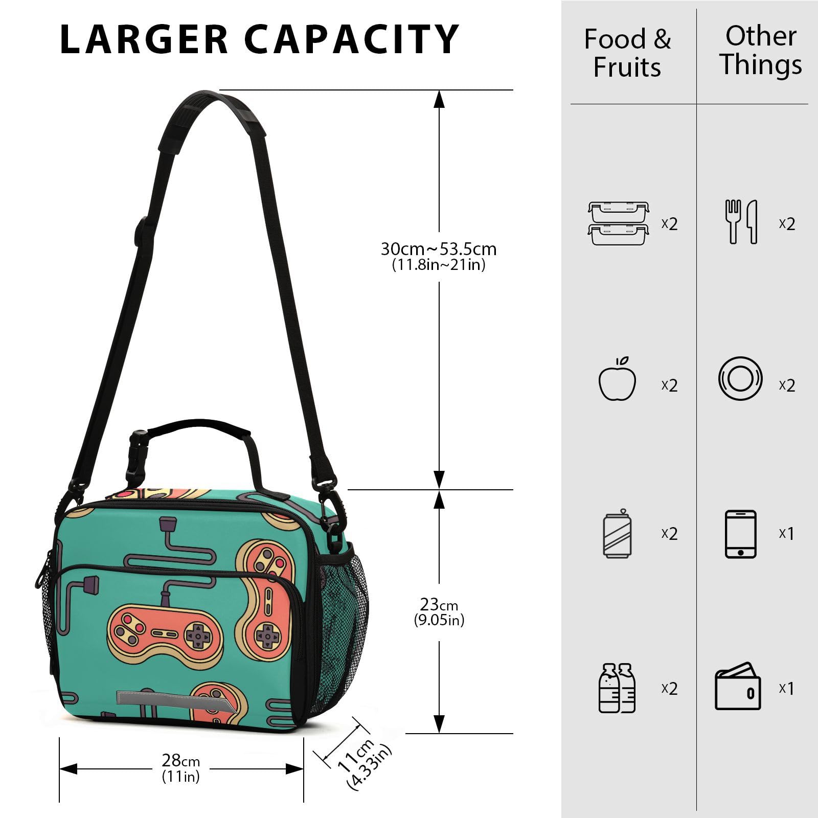 KOCOART Joystick Gamepad Lunch Bag for Women Men Retro Insulated Cooler Tote Bag with Adjustable Shoulder Strap Large Capacity Reusable Leakproof Picnic Lunch Box Outdoor for Adult Office
