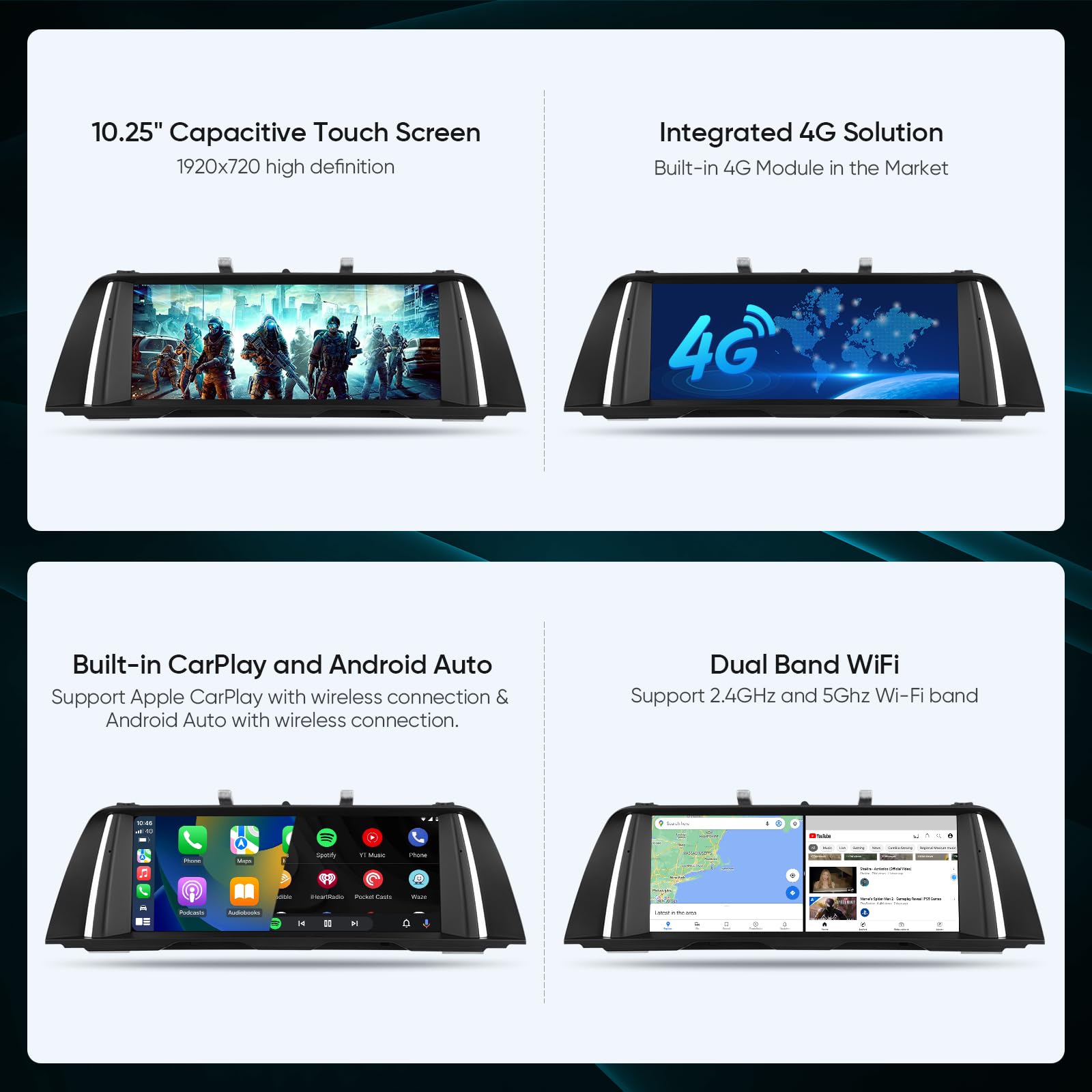 for BMW 5 Series F10 F11 2011-2012 CIC Upgrade Stereo Car Radio Qualcomm 665 (4GB + 64GB) Built-in 4G LTE GPS Navigation Wireless Apple CarPlay Android Auto10.25 inch Touch Screen 1920 x 720