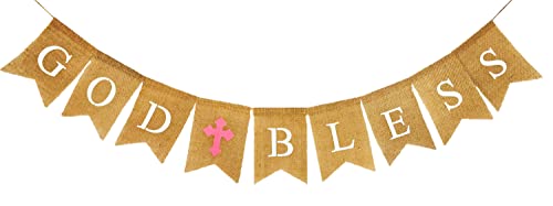 Shimmer Anna Shine Burlap God Bless Banner for Baby Girl Boy Baptism Decorations Christening First Communion Confirmation Baby Shower Wedding Birthday Party Photo Props (Pink)