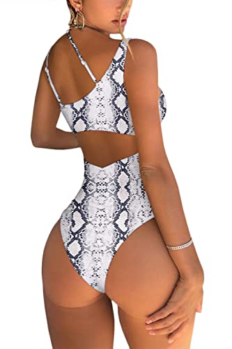 QINSEN Womens Snake Skin Monokini Cut Out Front Ruched Back High Cut One Piece Swimsuit Plus Size Bathing Suit XL