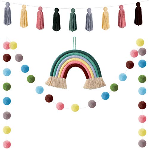 3 Pieces Tassel Garland Pom Pom Ball Banner Cotton Tassel Garland Banner Macrame Rainbow Wall Hanging Decor for Boho Home Party Baby Shower Supplies (Soft Rainbow Colors)