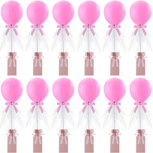 12 Packs Tulle Tutu Balloons with Candy Cake Dessert Box for Baby Shower Centerpieces Girls Birthday Party Wedding Table Decorations, 12 Inches Balloon White Tulle Cover (Pink)