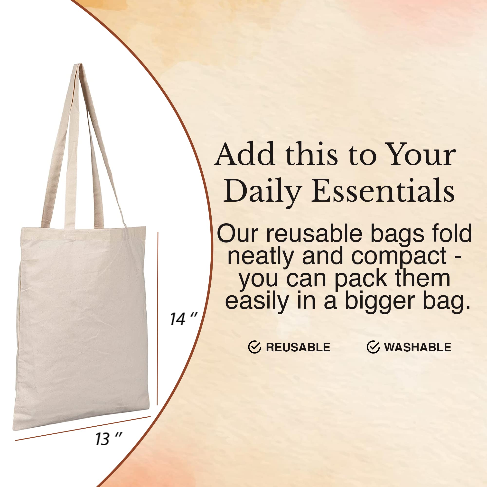JUCOS Reusable Blank Tote Bags - 5 Pack Convenient Spacious 100% Cotton Grocery Bag With LONG Handles For Daily Essentials | 5Oz Lightweight And Eco-Friendly For Multi-Purpose Use 13X14 Inch
