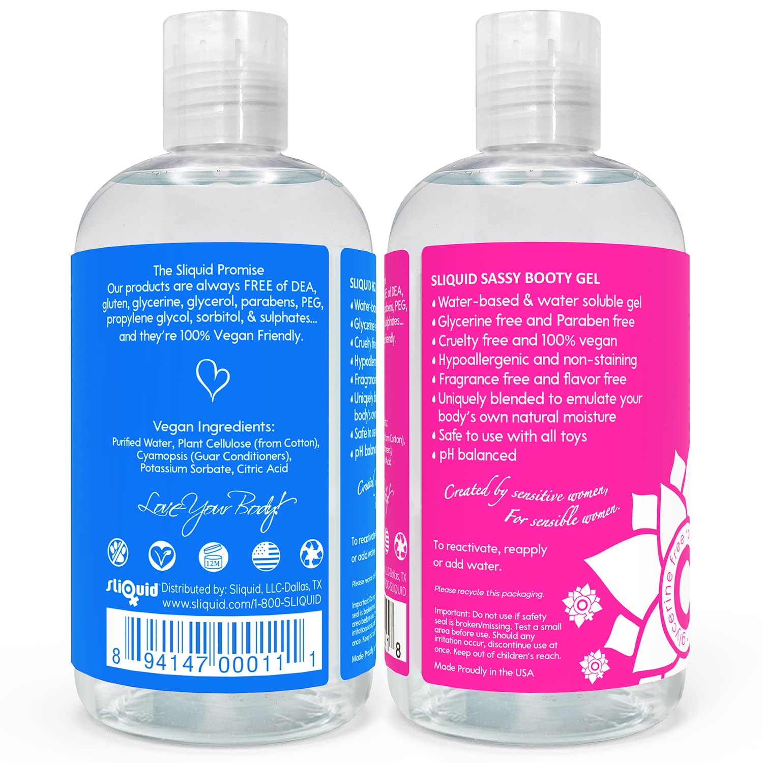 Sliquid Naturals Water-Based Lube for Women/Men/Couples - Sliquid H2O 8.5 Oz and Sliquid Sassy 8.5 Oz Personal Lubricant Set, Non-Staining, Unscented, Unflavored (2 Piece Set)