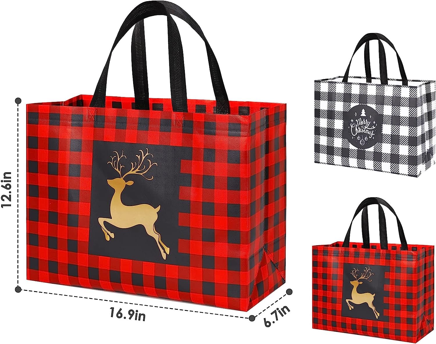 YANGTE 16 Pack Extra Large Christmas Gift Bags, Reusable Tote Bags with Handle Non-Woven Christmas Grocery Shopping Totes for Holiday Xmas, 16.9 * 12.6 * 6.8"