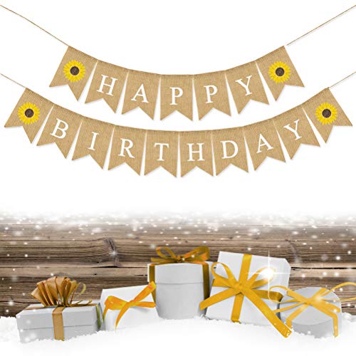 BESTOYARD Birthday Bunting Banner Decorative Burlap Banner Linen Swallowtail Pull Flag Party Supplies (Happy Birthday Letters Sunflower Pattern)