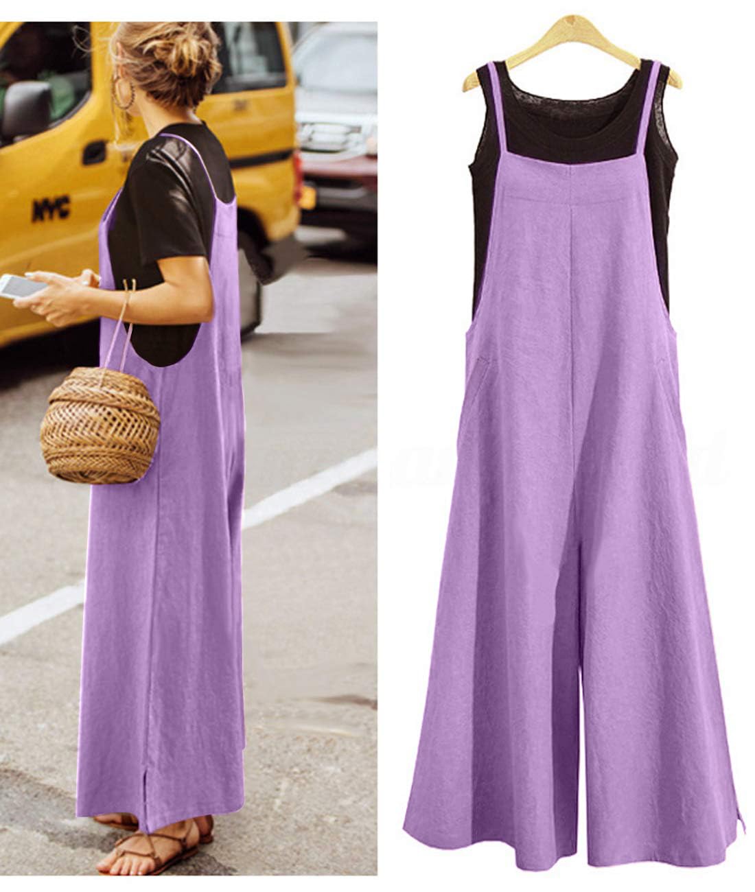 YESNO Women Casual Loose Boyfriend Bib Pants Summer Wide Leg Cotton Jumpsuits Rompers with Pockets (XL PZZTYP2 Light Purple)