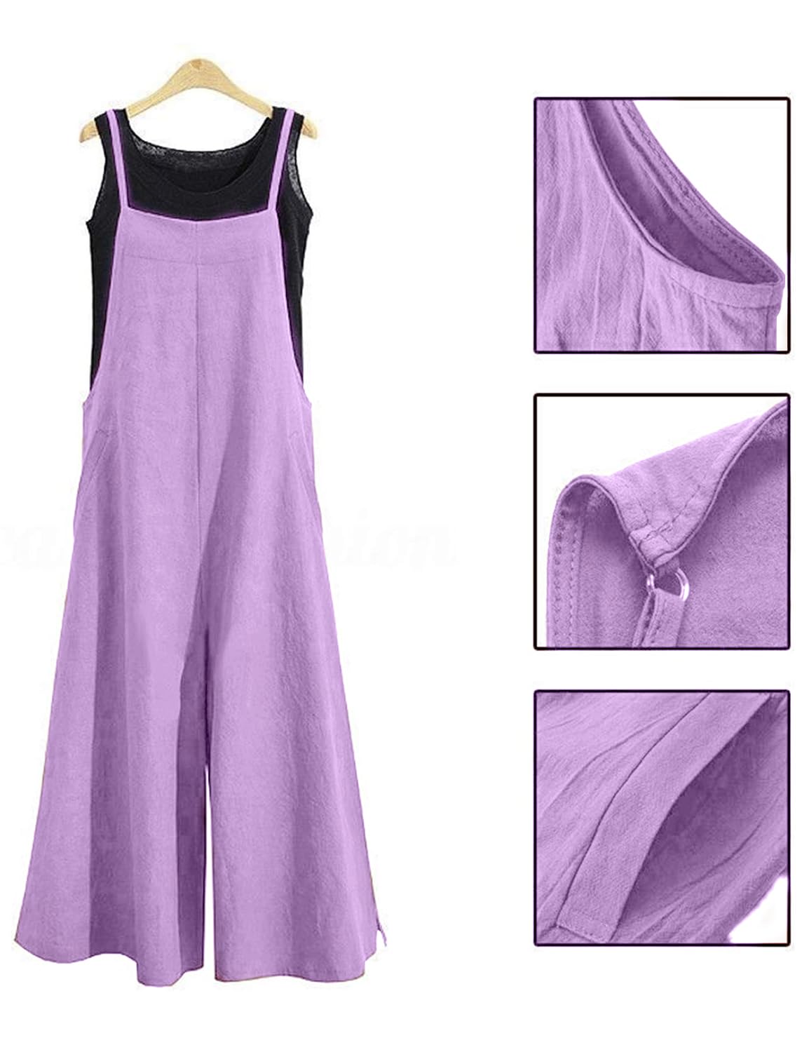 YESNO Women Casual Loose Boyfriend Bib Pants Summer Wide Leg Cotton Jumpsuits Rompers with Pockets (XL PZZTYP2 Light Purple)