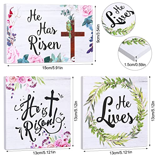 3 Pieces Easter Christian Table Decorations Signs He Is Risen Decor Wooden Inspirational Tiered Tray Block Signs Easter Spring Table Centerpieces He Lives Tabletop Decor for Holidays Home