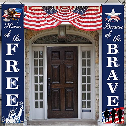 American Flag Patriotic Soldier Porch Sign Banners -āHOME of the FREEā and āBecause of the BRAVEā- Hanging Banner for 4th of July Decor/ Independence Day/ Memorial Day/ Veterans Day/ Labor Day
