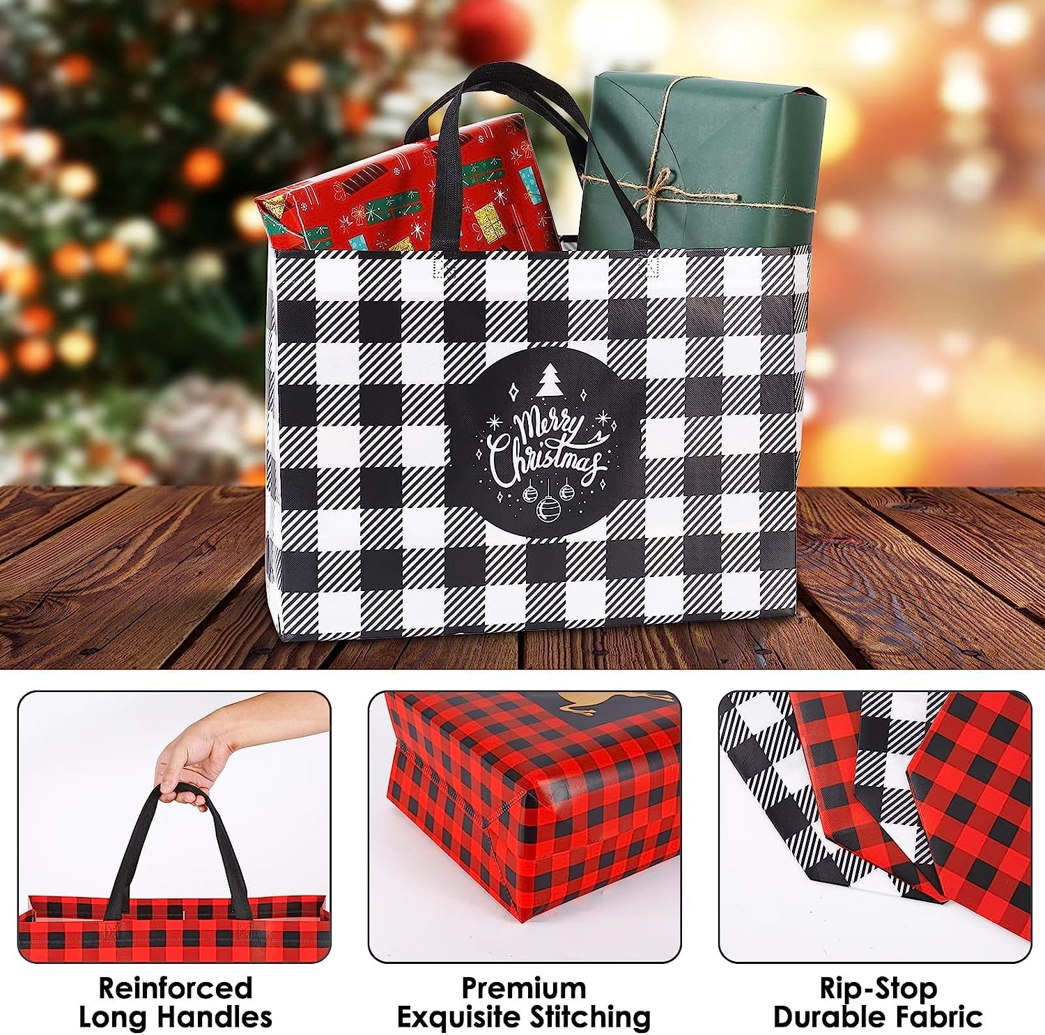 YANGTE 16 Pack Extra Large Christmas Gift Bags, Reusable Tote Bags with Handle Non-Woven Christmas Grocery Shopping Totes for Holiday Xmas, 16.9 * 12.6 * 6.8"