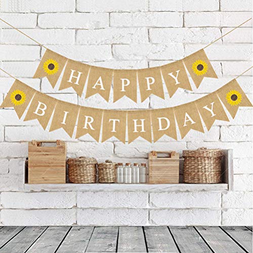 BESTOYARD Birthday Bunting Banner Decorative Burlap Banner Linen Swallowtail Pull Flag Party Supplies (Happy Birthday Letters Sunflower Pattern)