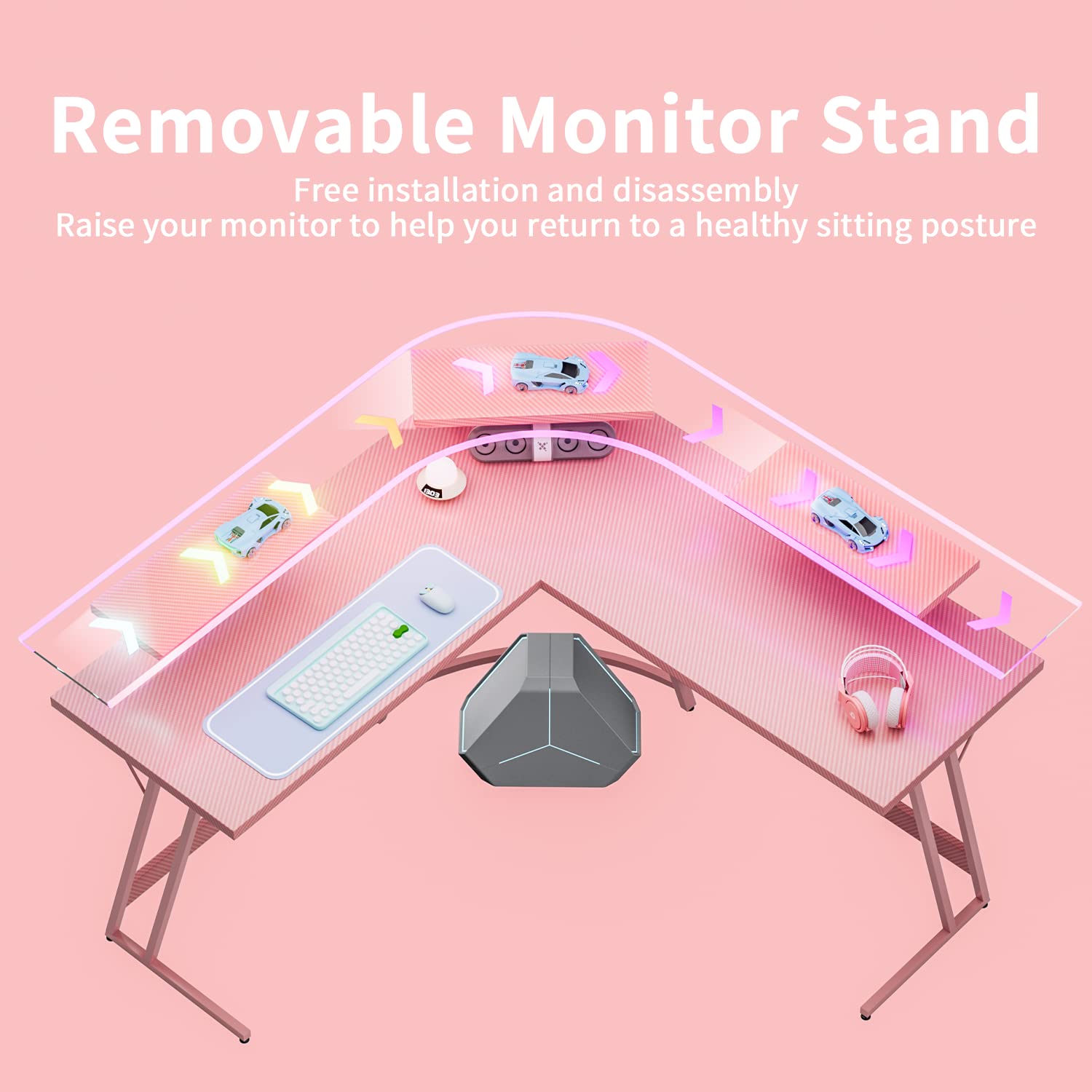 VICTONE L Shaped Gaming Desk, Corner Desk with Monitor Stand, Computer PC Table for Home Office Writing Studying Working, Space-Saving, Easy Assemble(Pink,51'')