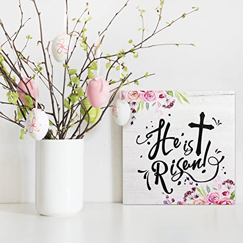 3 Pieces Easter Christian Table Decorations Signs He Is Risen Decor Wooden Inspirational Tiered Tray Block Signs Easter Spring Table Centerpieces He Lives Tabletop Decor for Holidays Home