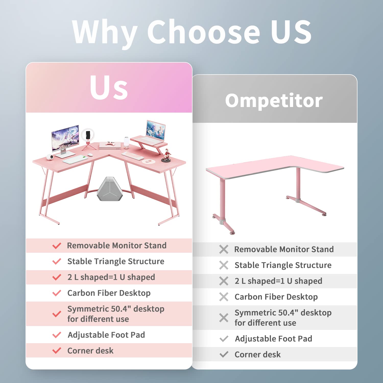VICTONE L Shaped Gaming Desk, Corner Desk with Monitor Stand, Computer PC Table for Home Office Writing Studying Working, Space-Saving, Easy Assemble(Pink,51'')