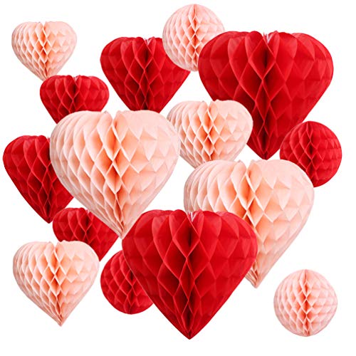 UNIQOOO 16 Pack Red Blush Pink Party Decoration Pom Pom | Heart & Ball Tissue Paper Honeycomb | Perfect for Party Decor, Wedding, Valentine's Day, Engagement, Bridal Shower, Baby Shower, Birthday