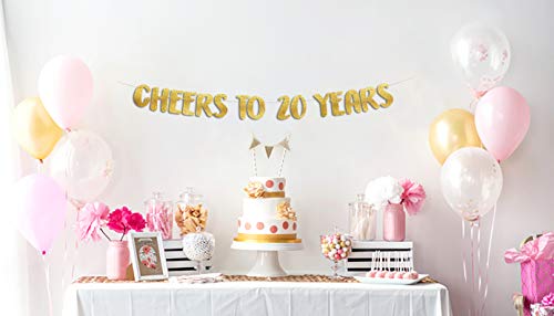 Cheers to 20 Years Gold Glitter Banner - 20th Anniversary and Birthday Party Decorations