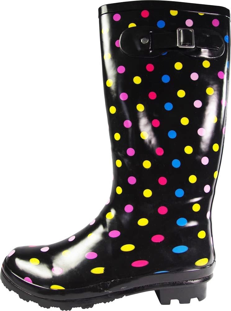 NORTY Women's Hurricane Rain Boots Knee High Calf Length - Glossy Matte Waterproof Rubber Tall Shoes - Multi Color Dot Size 9