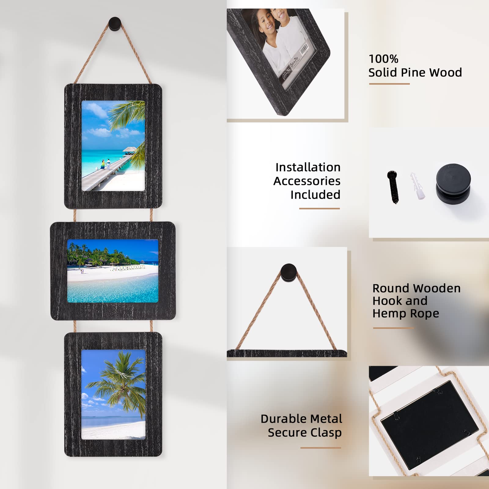 ABSWHLM 5x7 Picture Frames Rustic Wood Hanging Picture Frames 3 Opening Photo Frame Display 4"x6" Pictures with Mat or 5"x7" Without Mat, Weathered Black