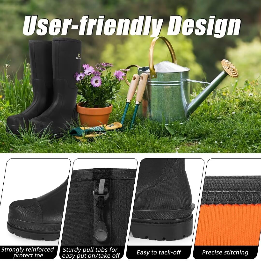 D DRYCODE Work Boots for Men with Steel Shank, Waterproof Rubber Boots 7mm Neoprene Insulated Anti-slip Mud Rain Boots, Black, Size 5-14