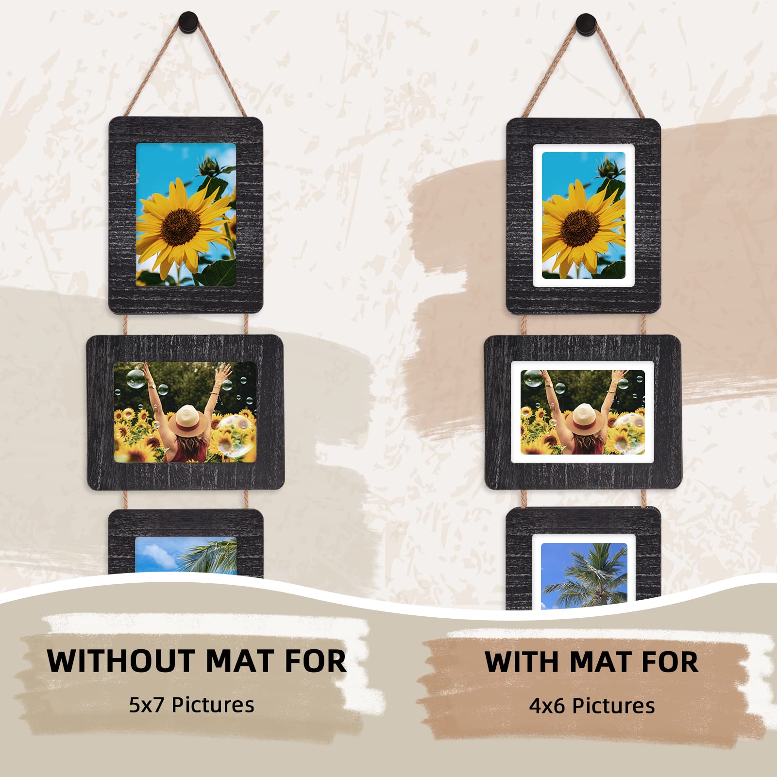 ABSWHLM 5x7 Picture Frames Rustic Wood Hanging Picture Frames 3 Opening Photo Frame Display 4"x6" Pictures with Mat or 5"x7" Without Mat, Weathered Black