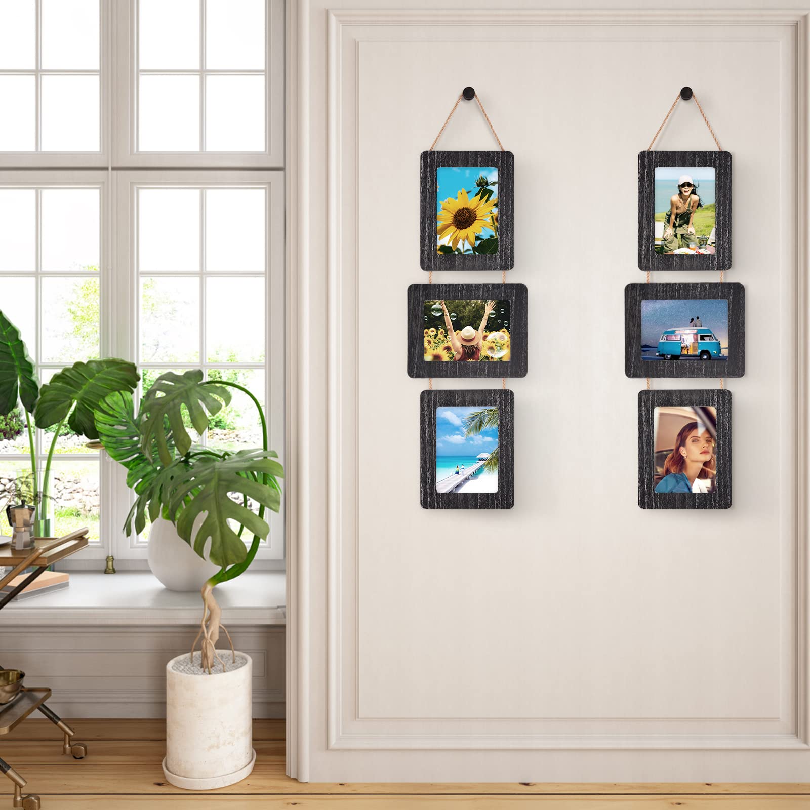 ABSWHLM 5x7 Picture Frames Rustic Wood Hanging Picture Frames 3 Opening Photo Frame Display 4"x6" Pictures with Mat or 5"x7" Without Mat, Weathered Black