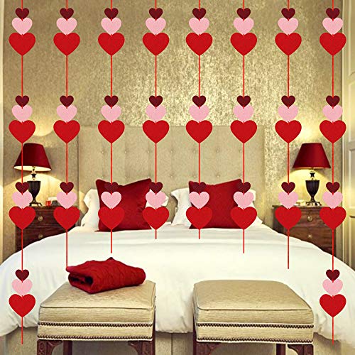 8 Packs Valentines Day Felt Heart Hanging String Garlands - NO DIY - Valentines Decorations - Valentine's Day Party Decorations Supplies - Valentines Burgundy Pink Red Heart Garland Decorations
