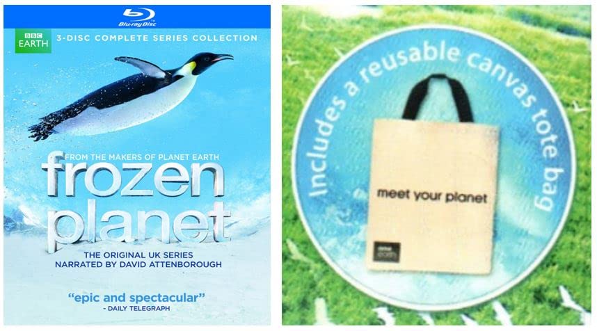 Frozen Planet the Complete Series Collection BBC [Blu-ray, 3-Disc Set] Narrated by David Attenborough + Includes a'13 by '15 Reusable Canvas Tote Bag "meet your planet" Logo