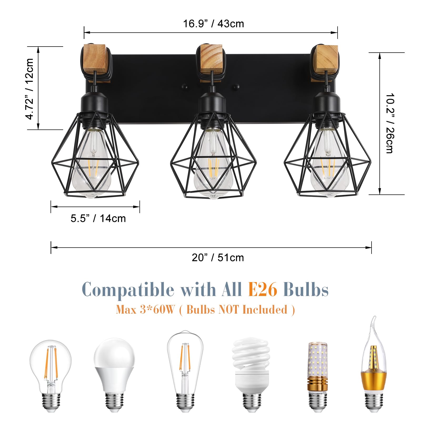 Farmhouse Vanity Light for Bathroom, 3-Light Wood Bathroom Vanity Light Fixtures Over Mirror, Rustic Sconces Wall Lighting with Metal Lampshade for Living Room, Bedroom, Hallway
