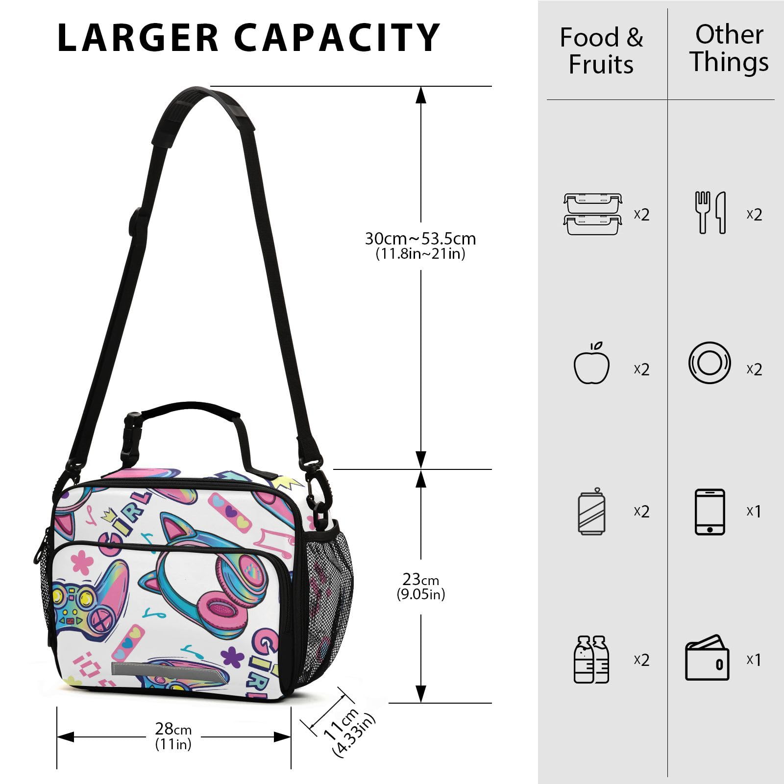 Pink Joysticks Devices Lunch Bag for Women Men Video Game Controller Insulated Cooler Tote Bag with Adjustable Shoulder Strap Large Capacity Reusable Leakproof Picnic Lunch Box Outdoor for Adult Offic