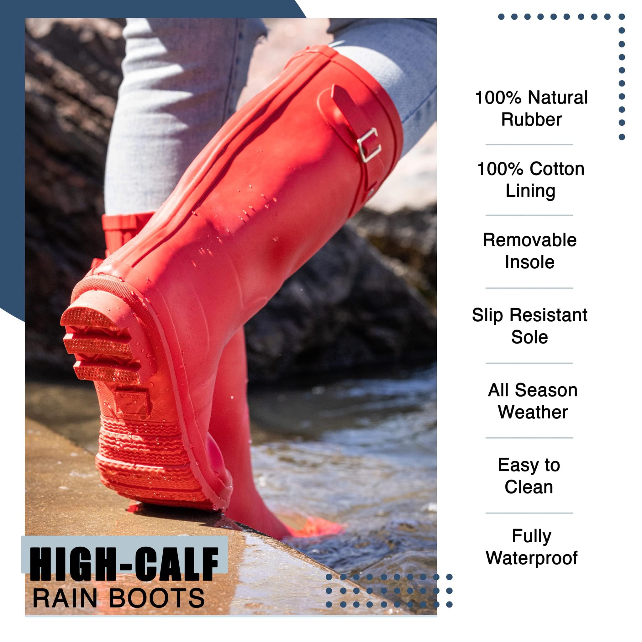 NORTY Women's Hurricane Rain Boots Knee High Calf Length - Glossy Matte Waterproof Rubber Tall Shoes - Multi Color Dot Size 9