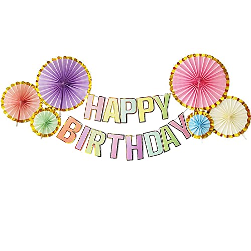 Pastel Happy Birthday Banner Assembled and Hanging Paper Fans Party Decorations Kit for Pastel Birthday Decorations