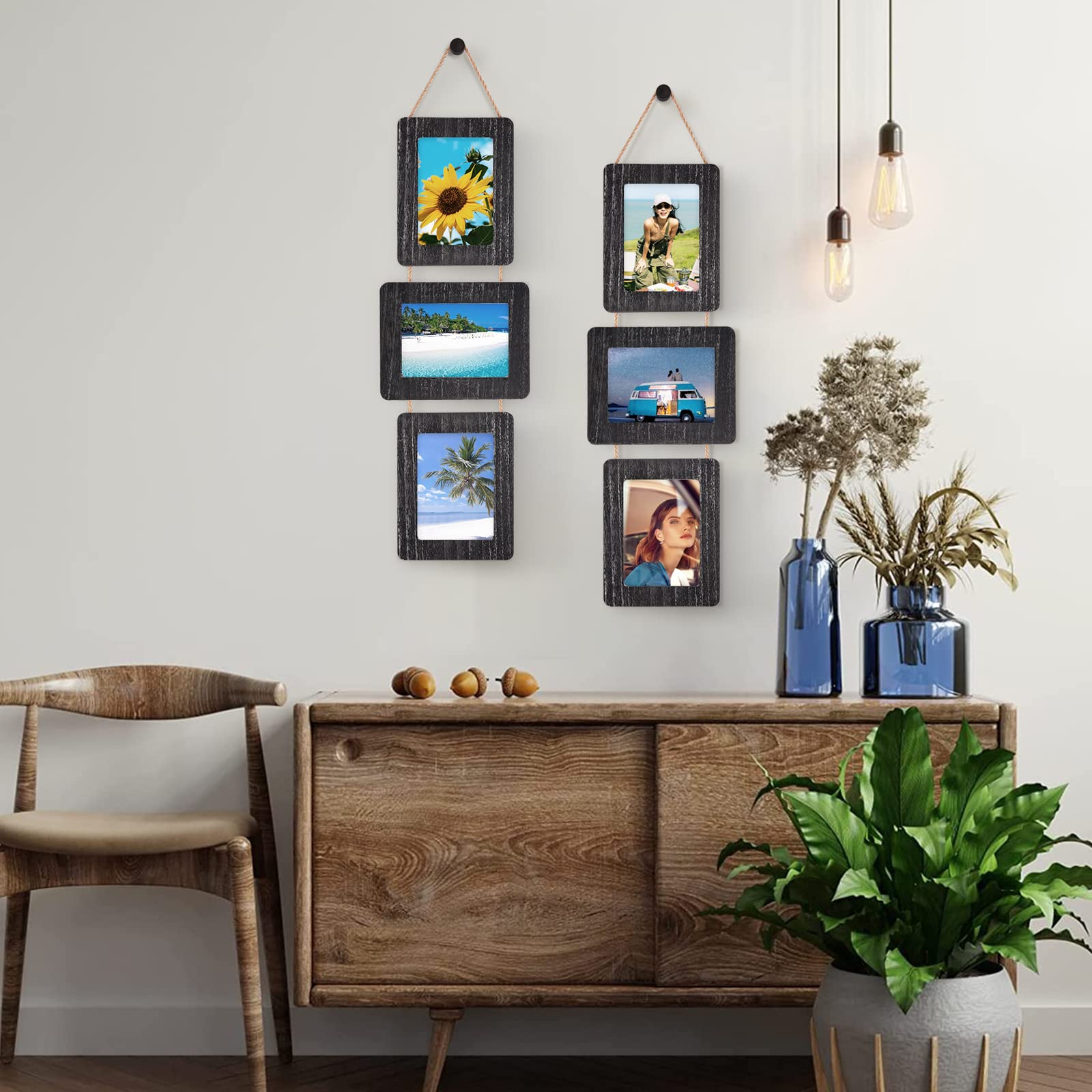 ABSWHLM 5x7 Picture Frames Rustic Wood Hanging Picture Frames 3 Opening Photo Frame Display 4"x6" Pictures with Mat or 5"x7" Without Mat, Weathered Black