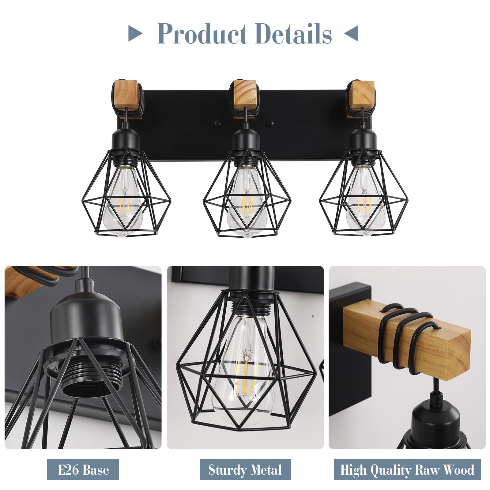 Farmhouse Vanity Light for Bathroom, 3-Light Wood Bathroom Vanity Light Fixtures Over Mirror, Rustic Sconces Wall Lighting with Metal Lampshade for Living Room, Bedroom, Hallway