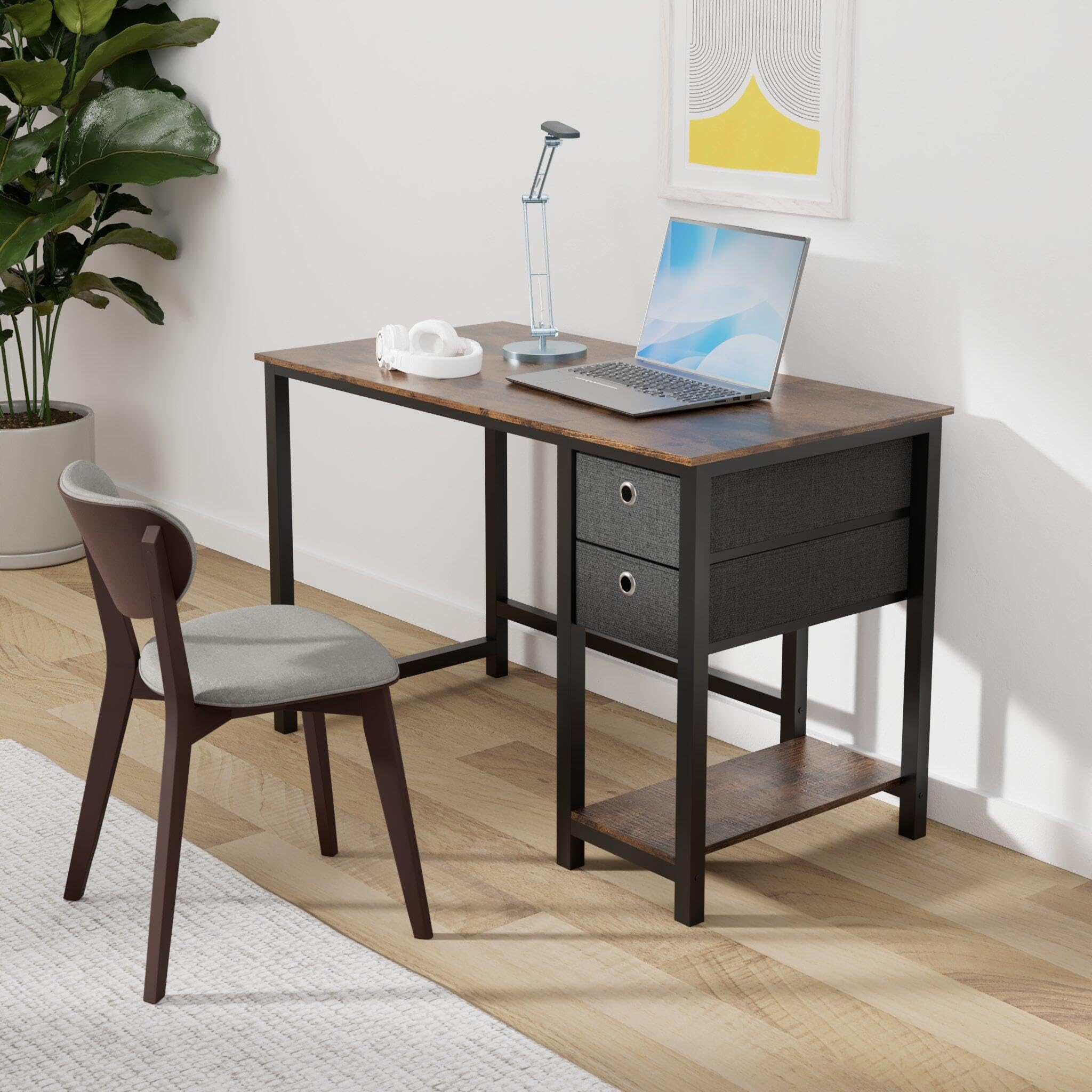 Computer Desk with Drawer Home Office Desks 48 Inch Writing Desk Work Desk PC Table Study Desk with 2 Tiers Drawers Storage Shelf Headphone Hook, Modern Simple Style Laptop Desk for Bedroom, Gaming
