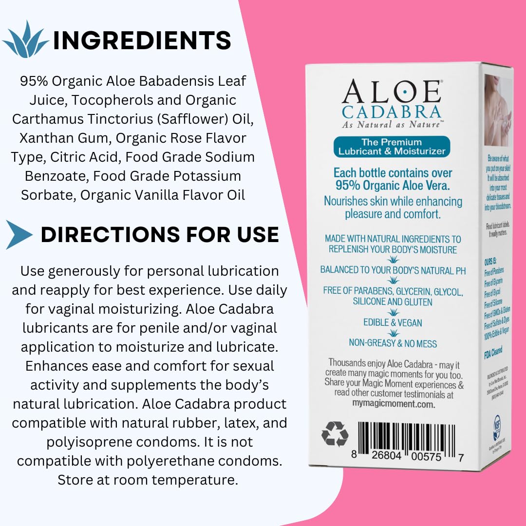 Aloe Cadabra Flavored Personal Lubricant and Vaginal Moisturizer, Organic Edible Aloe Lube for Men, Women and Couples, Non-Staining, pH Balanced, Toy Compatible (Wild Rose, 2.5 Ounces, 1 Pack)