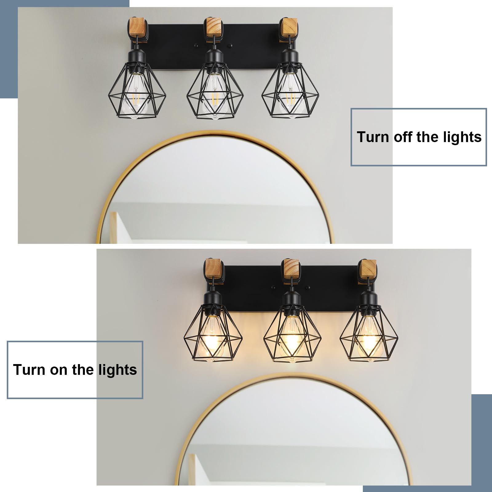 Farmhouse Vanity Light for Bathroom, 3-Light Wood Bathroom Vanity Light Fixtures Over Mirror, Rustic Sconces Wall Lighting with Metal Lampshade for Living Room, Bedroom, Hallway
