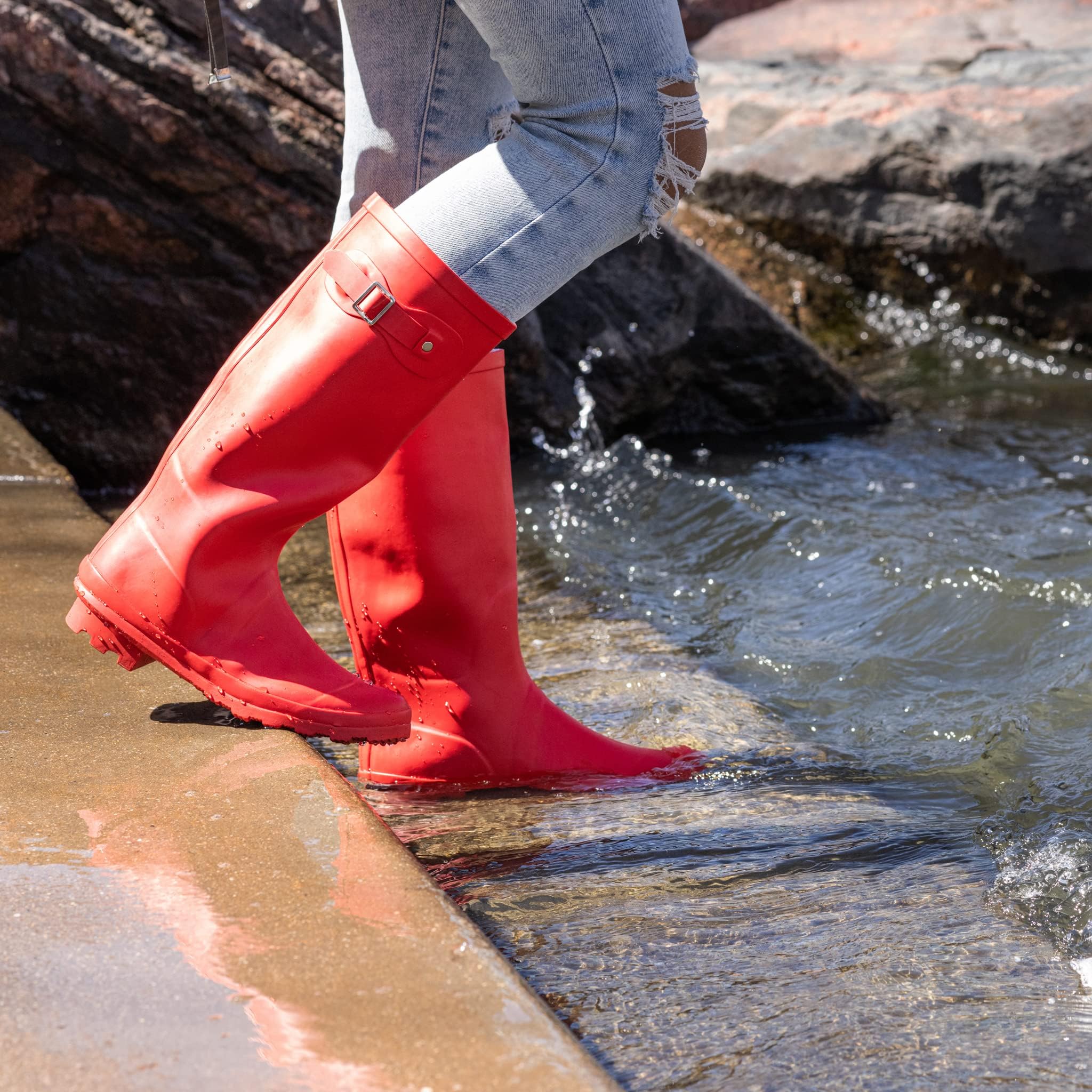 NORTY Women's Hurricane Rain Boots Knee High Calf Length - Glossy Matte Waterproof Rubber Tall Shoes - Multi Color Dot Size 9
