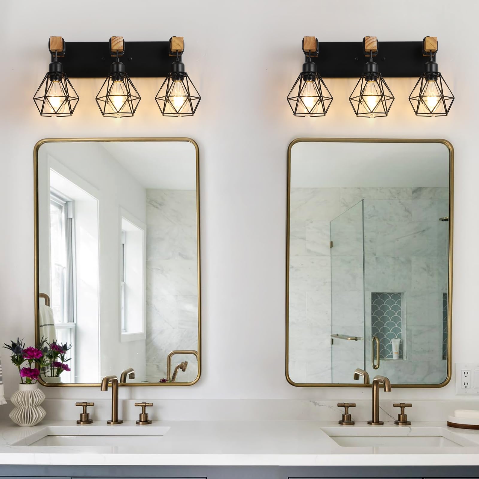 Farmhouse Vanity Light for Bathroom, 3-Light Wood Bathroom Vanity Light Fixtures Over Mirror, Rustic Sconces Wall Lighting with Metal Lampshade for Living Room, Bedroom, Hallway