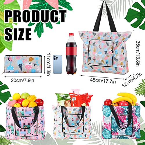 Woanger 4 Pcs Reusable Shopping Bags Washable Foldable Grocery Bags with Handles Zippered Waterproof Tote Oxford(Cute Style)
