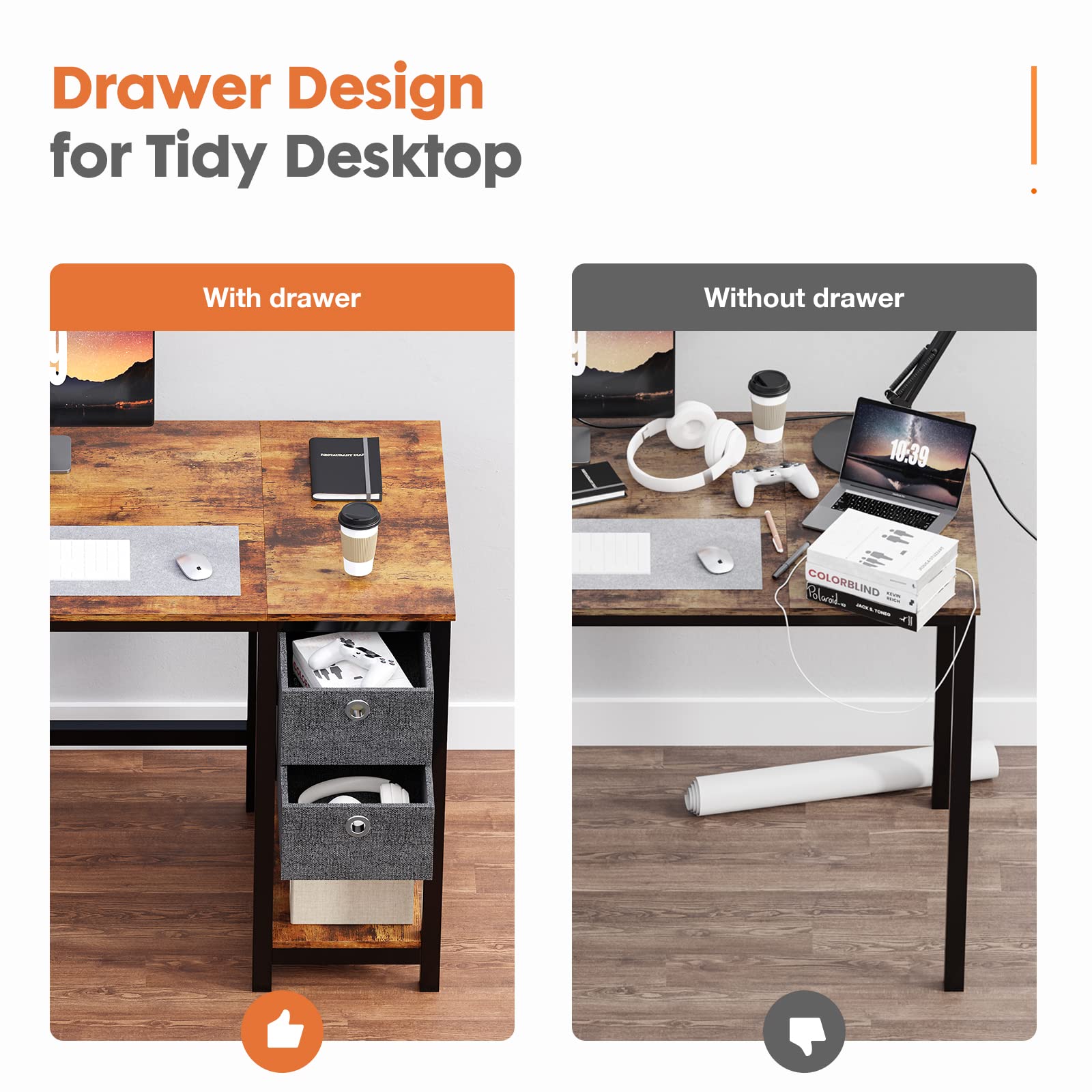 Computer Desk with Drawer Home Office Desks 48 Inch Writing Desk Work Desk PC Table Study Desk with 2 Tiers Drawers Storage Shelf Headphone Hook, Modern Simple Style Laptop Desk for Bedroom, Gaming