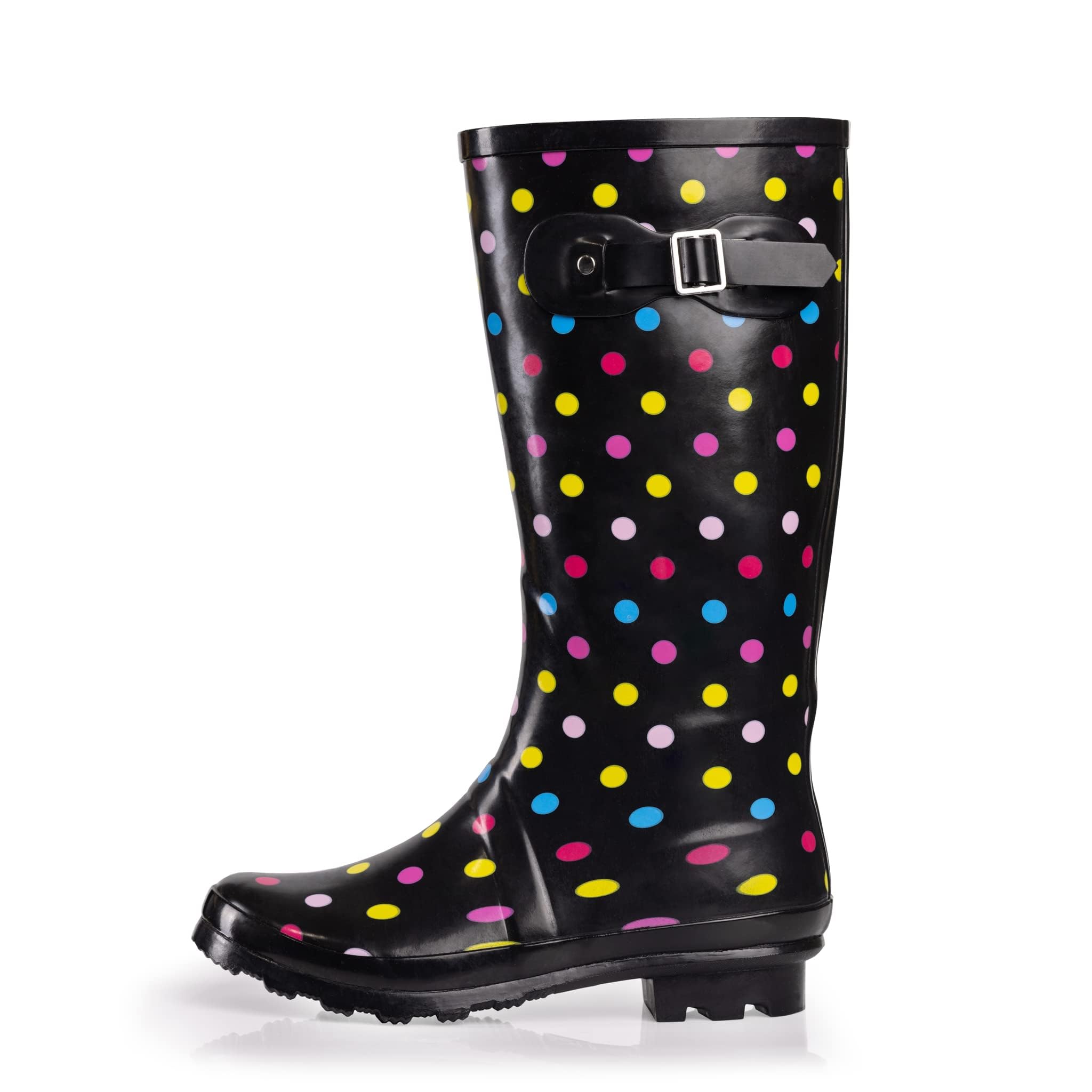 NORTY Women's Hurricane Rain Boots Knee High Calf Length - Glossy Matte Waterproof Rubber Tall Shoes - Multi Color Dot Size 9