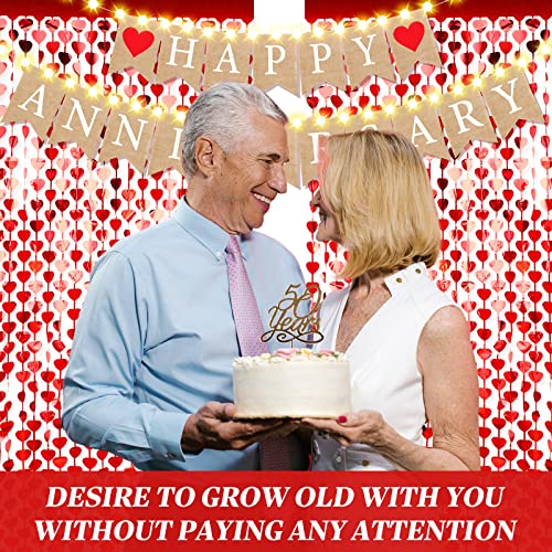 Breling 6 Pieces Burlap Happy Anniversary Banner Party Bunting Garland Decorations Wedding Decoration Supplies Hanging Red Heart Streamer with LED Lights, M
