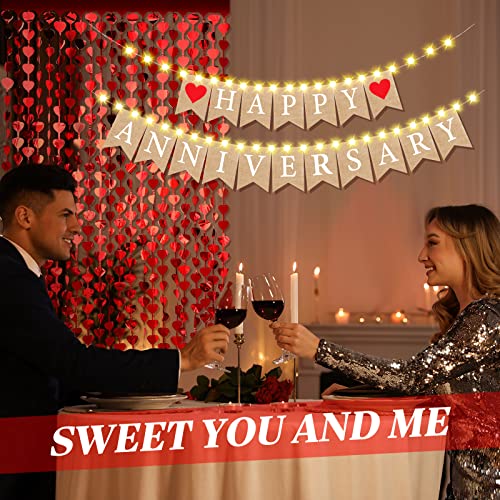 Breling 6 Pieces Burlap Happy Anniversary Banner Party Bunting Garland Decorations Wedding Decoration Supplies Hanging Red Heart Streamer with LED Lights, M