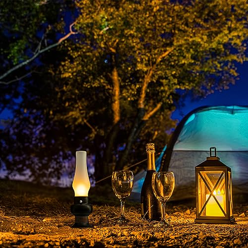 HoogaLife LED Vintage Kerosene Lamp Glass Lampshade Rechargeable Flame Effect Lantern with Timer and Retro Design - Frosted Gray