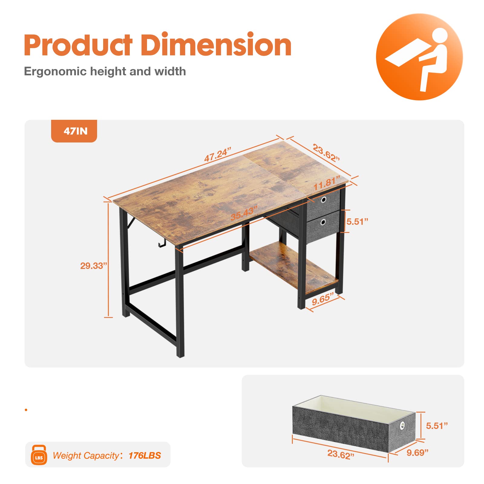 Computer Desk with Drawer Home Office Desks 48 Inch Writing Desk Work Desk PC Table Study Desk with 2 Tiers Drawers Storage Shelf Headphone Hook, Modern Simple Style Laptop Desk for Bedroom, Gaming