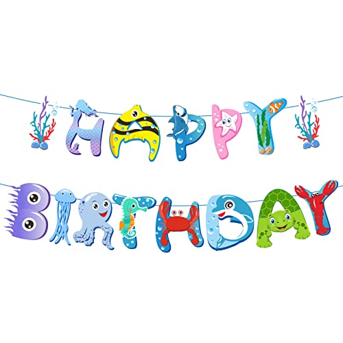 Sea Animal Banner Under the Sea Birthday Decorations, Ocean Themed Marine Creature Birthday Party Supplies for Baby Girl Boy, Sea Theme Happy Birthday Banner Baby Shower Sign Decor